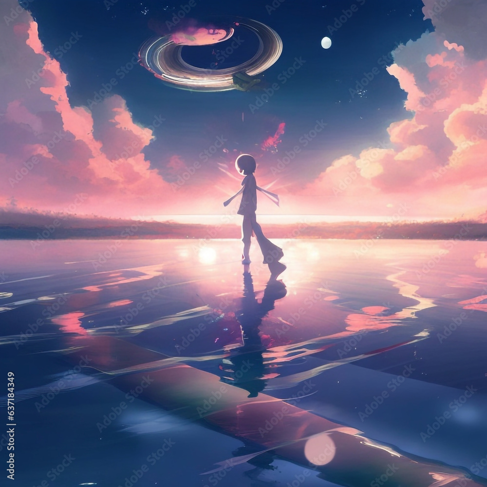 anime girl walking on water ripples backdrop of dawn saturn in the ...