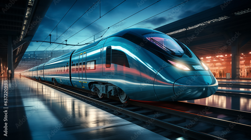 High speed train in motion on the railway station, Railroad with motion ...