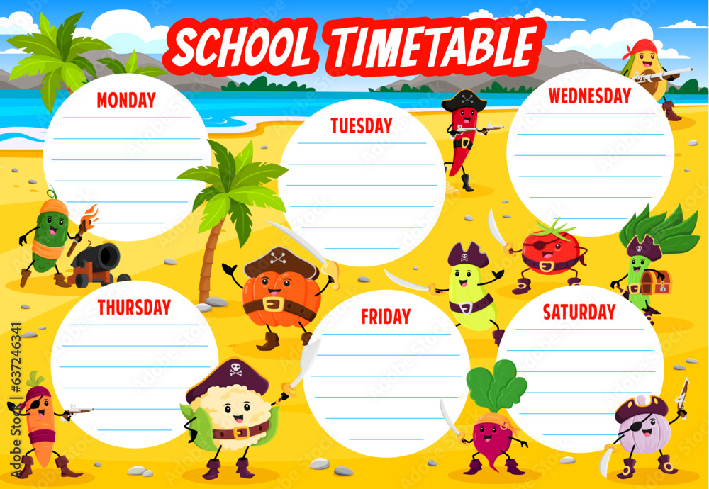 School timetable schedule, cartoon vegetable pirate corsair characters ...