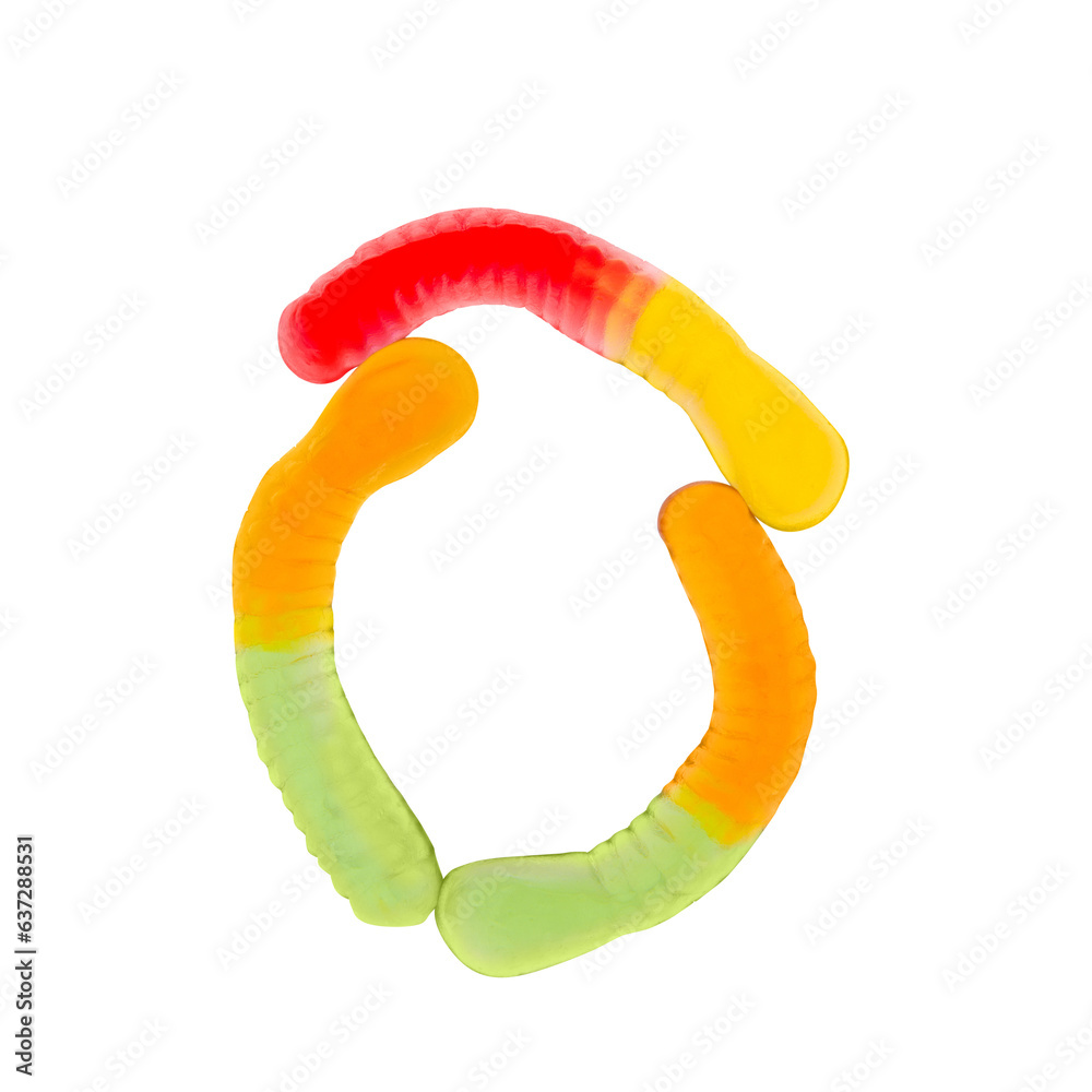 Letter O made of multicolored gummi worms and isolated on transparent ...