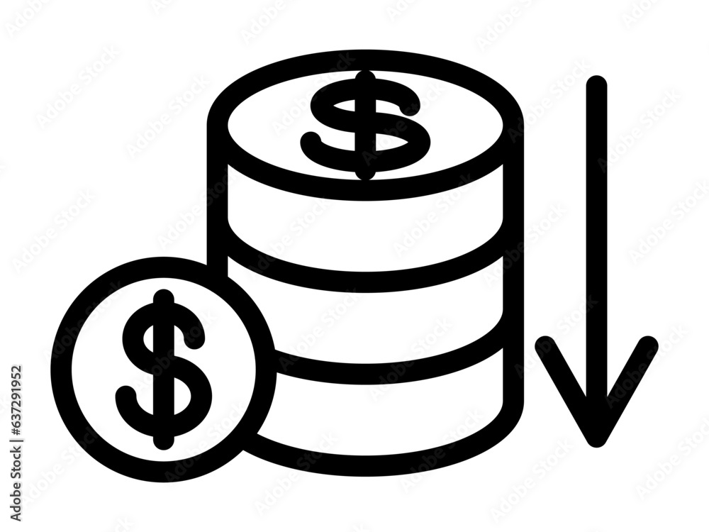 Vector currency decrease icon. Money down sign. Editable stroke. Line business icon of cost ...