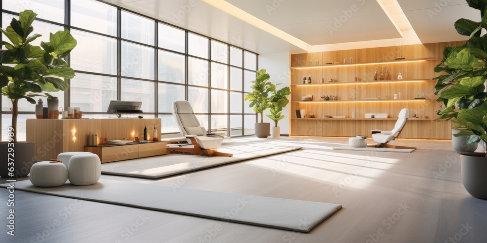 a modern office concept that incorporates wellness areas. Created with ...