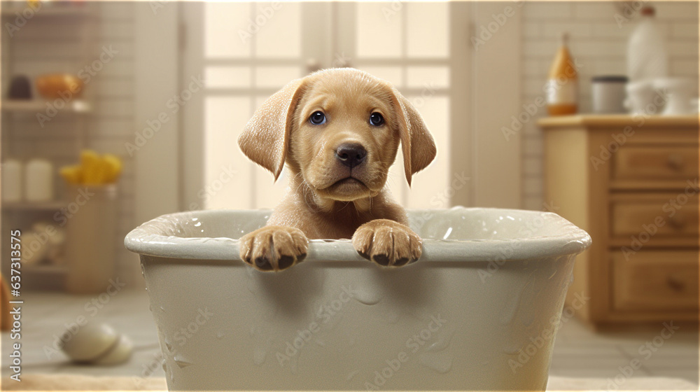 labrador retriver puppy bathing in basin, warm style bathroom with ...