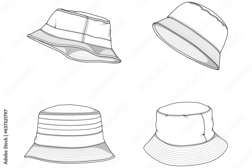 set of bucket hat outline drawing vector, bucket hat in a sketch style ...