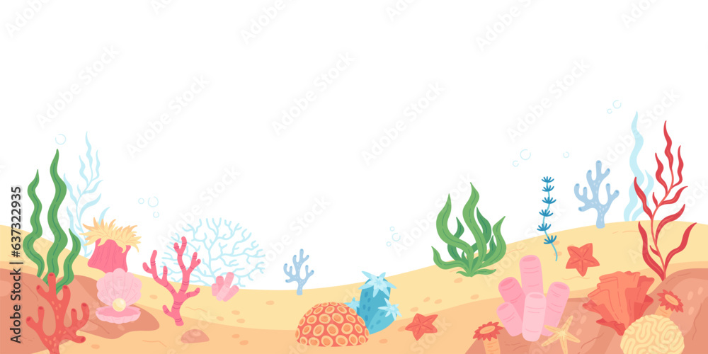 Seabed horizontal seamless border, underwater world with corals ...