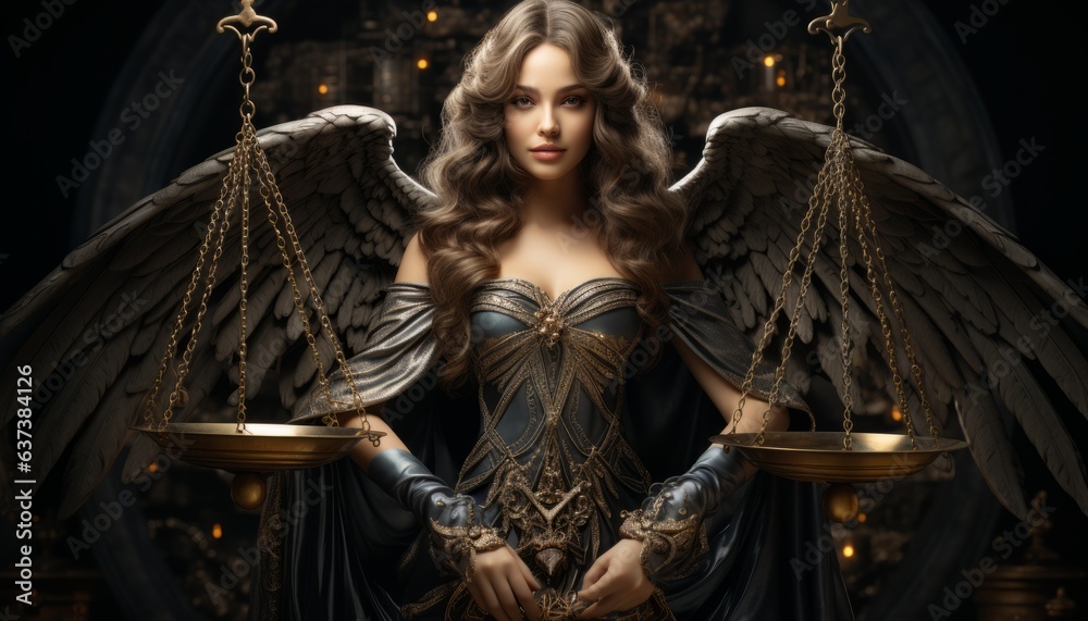 Ilustração holy girl angel with scales of justice judges evil, woman in ...