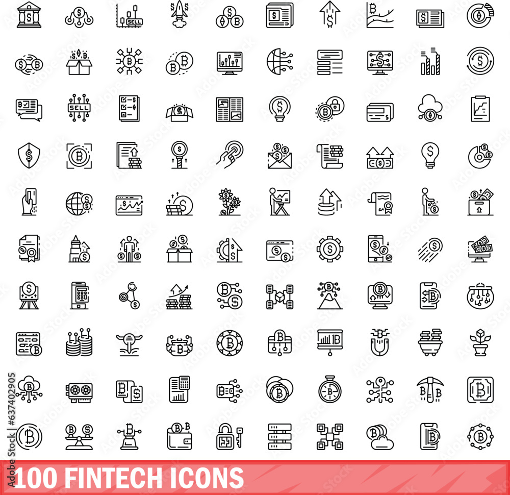100 fintech icons set. Outline illustration of 100 fintech icons vector ...