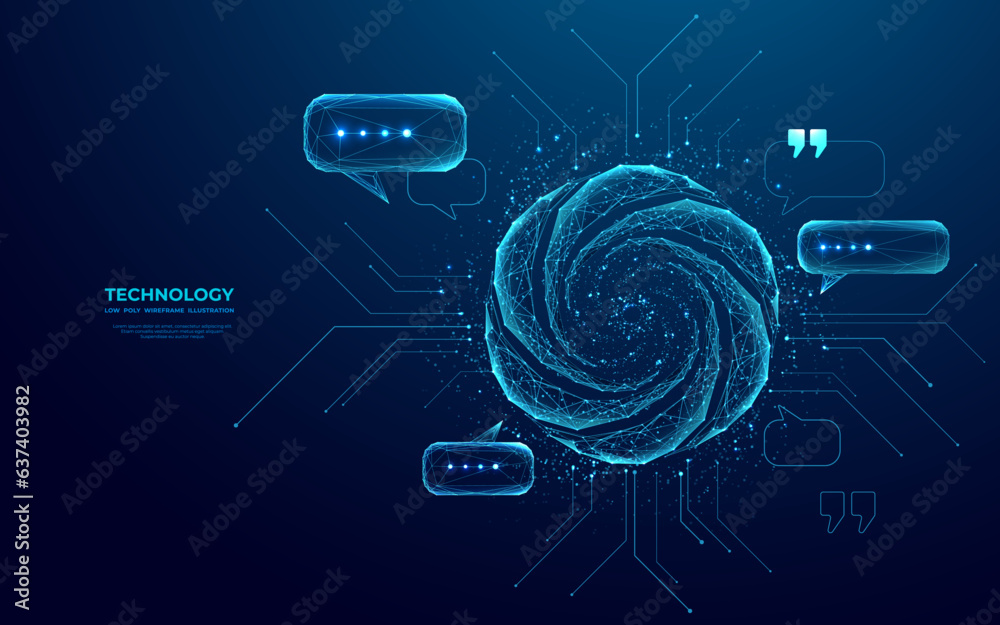 Abstract chatbot icon and talk bubble speech in futuristic low poly wireframe style ...