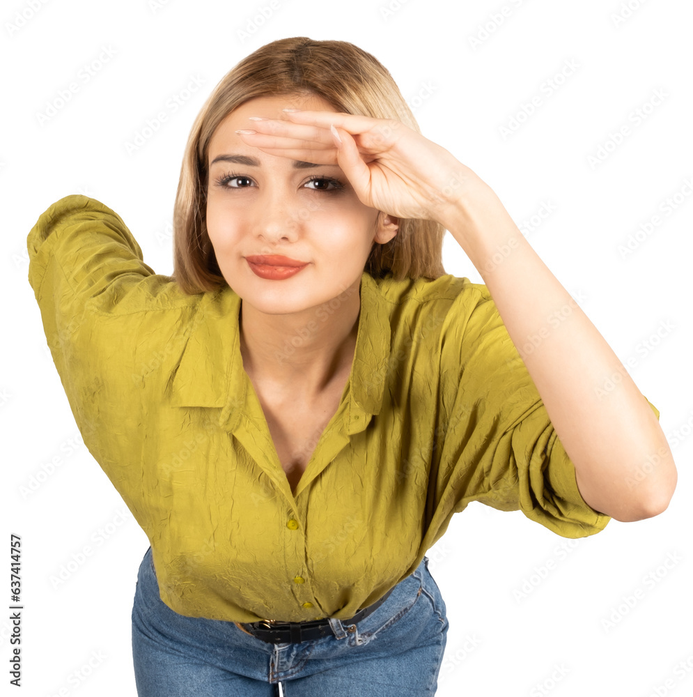 Holding hand at forehead, young blonde girl leaning forward smiling ...