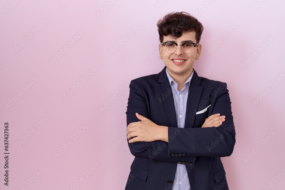 Young non binary man with beard wearing suit and tie happy face smiling ...