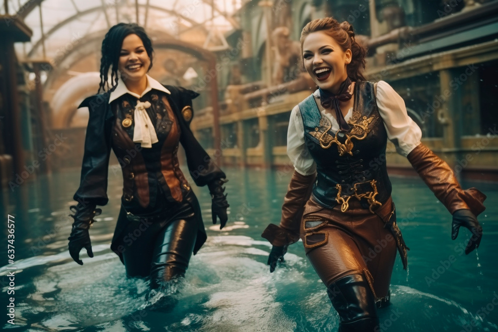 Steampunk wetlook - two young women in steampunk clothes having fun in ...