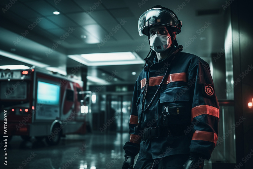 At the entrance of a hospital, a paramedic in full gear stands ...