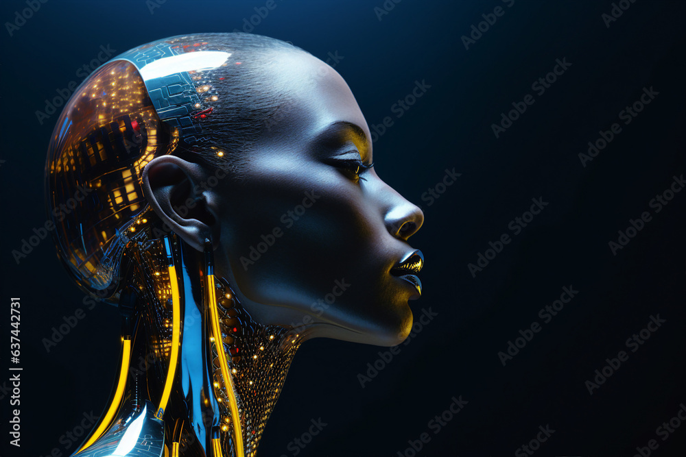 Generative ai collage of female humanoid robot invention on dark black background Stock Photo ...
