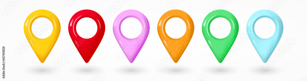 Set of realistic bright map pointers. Color 3d map pins. Place location and destination icons ...