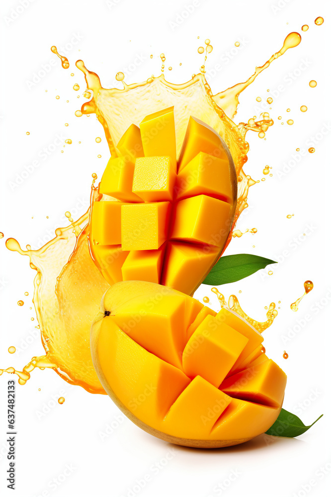 Mango juice and pieces of mango fruit falling on white background with ...