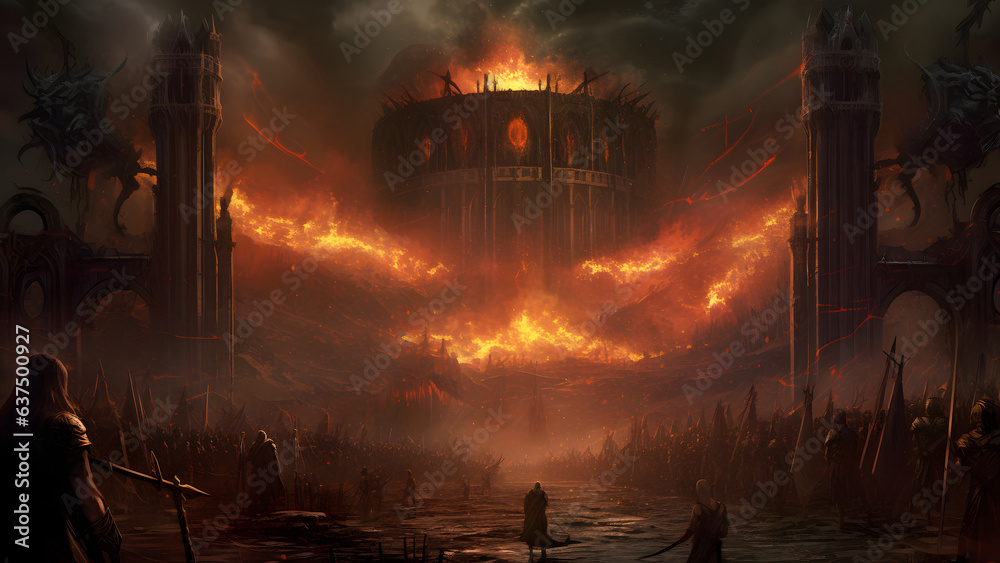 Human figures on road to colossal dark medieval hellish citadel ...