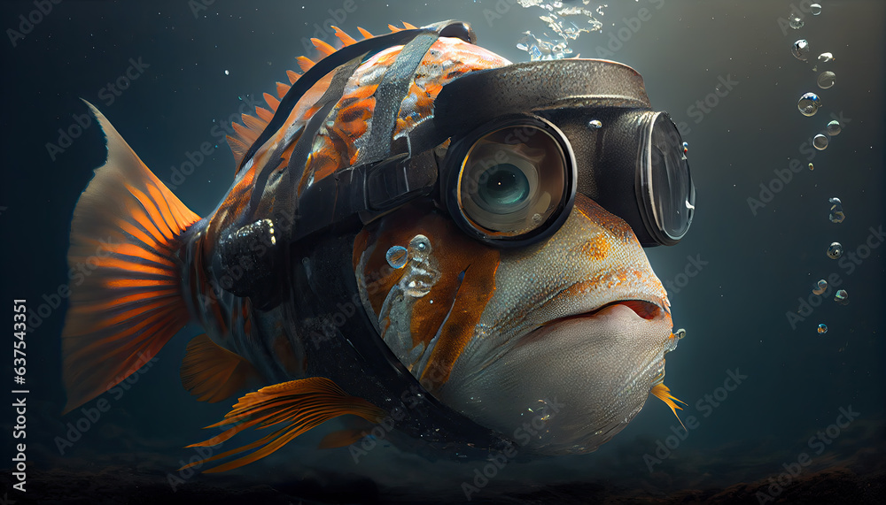 Cartoon fish wearing in diving equipment. Stock Illustration | Adobe Stock