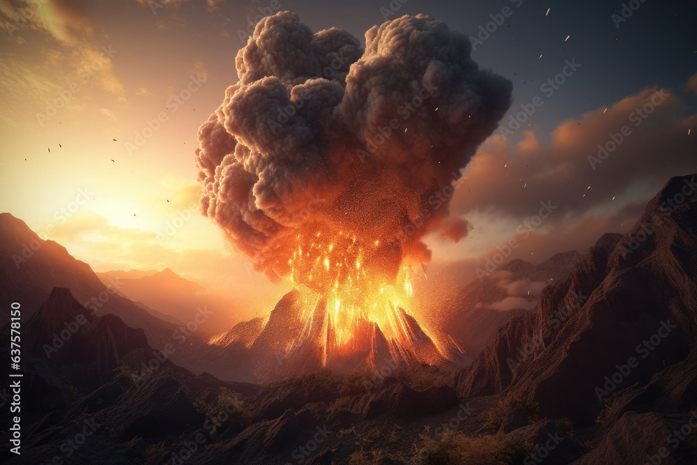 Massive volcano eruption. A large volcano erupting lava and gases into ...