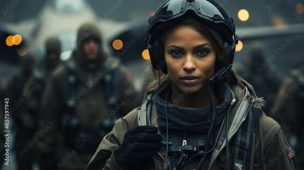 Female African American fighter pilot soldier stands outside her ...
