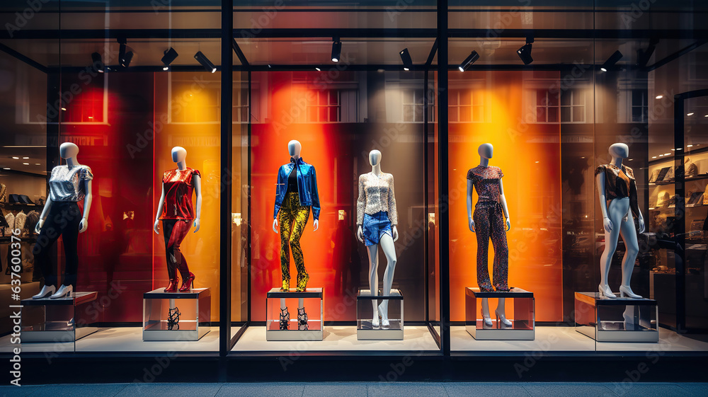 Stylish mannequins behind the glass display window exhibit the latest ...