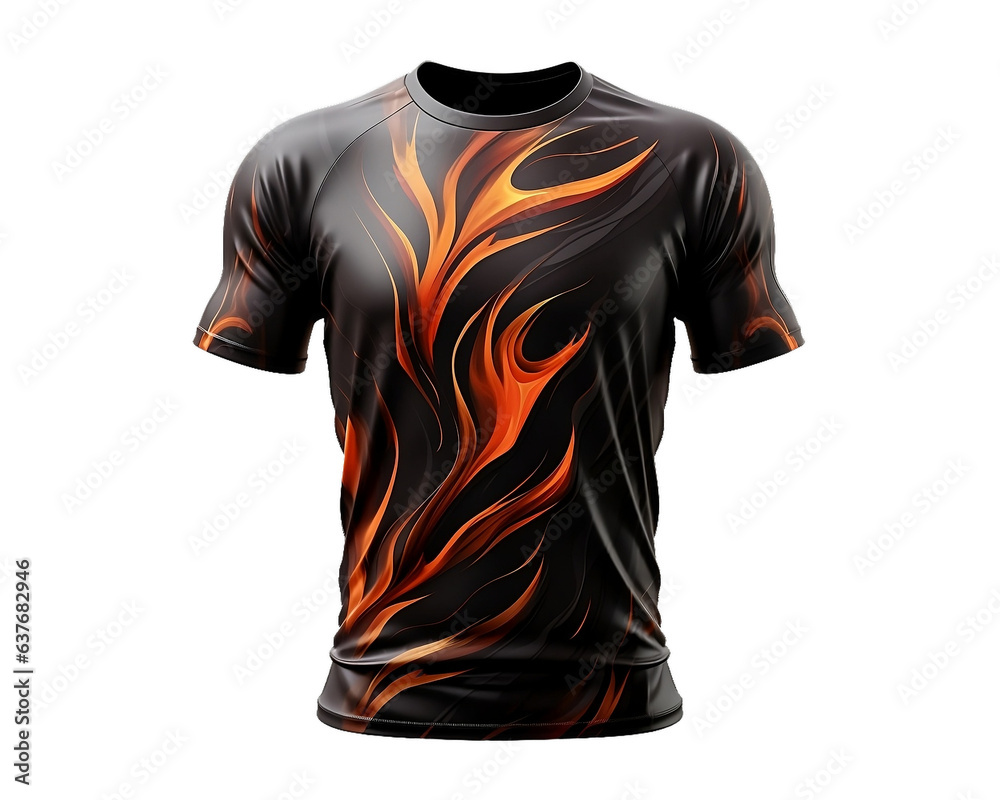 Black 3d jersey mockup with yellow and red flames pattern on clear ...