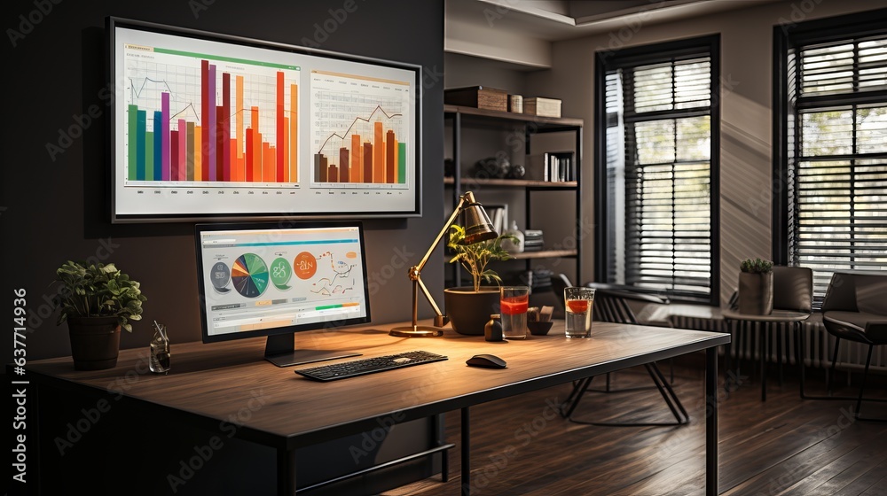 A data analyst sitting at a sleek and modern workspace, surrounded by ...