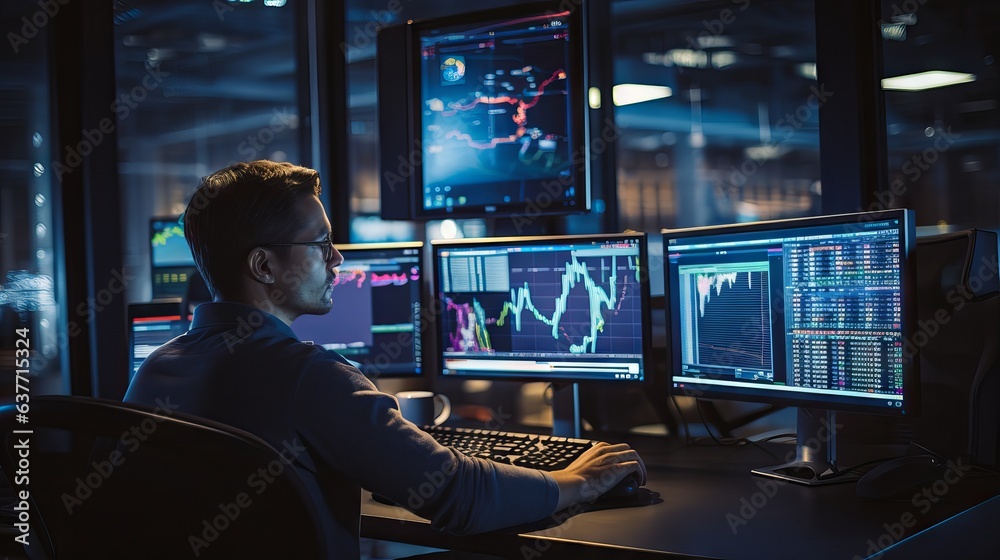 A data analyst sitting at a sleek and modern workspace, surrounded by ...