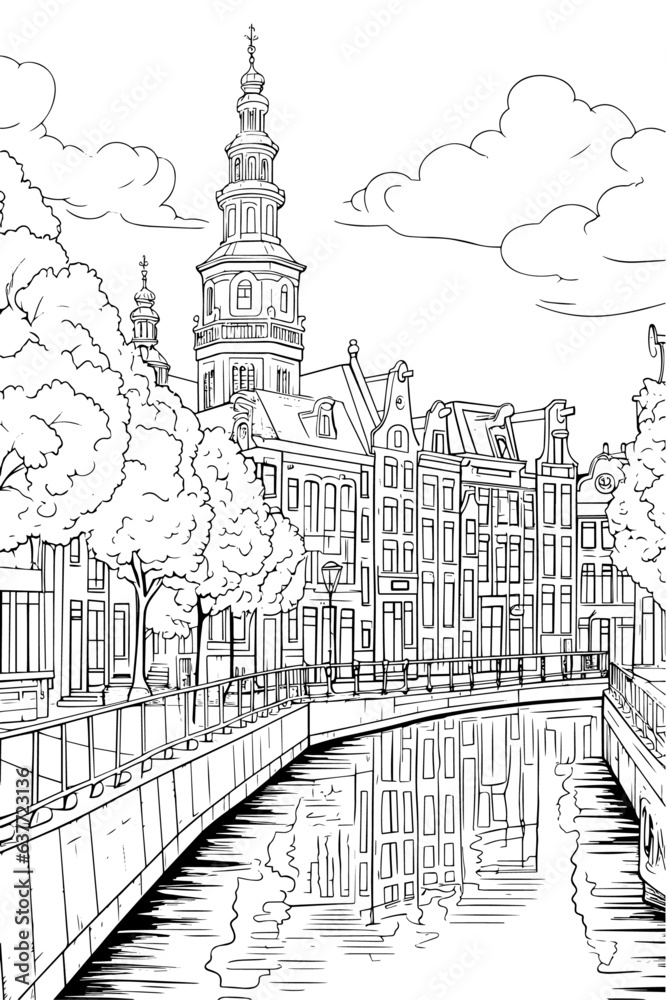 Netherlands Amsterdam cityscape black and white coloring page for ...