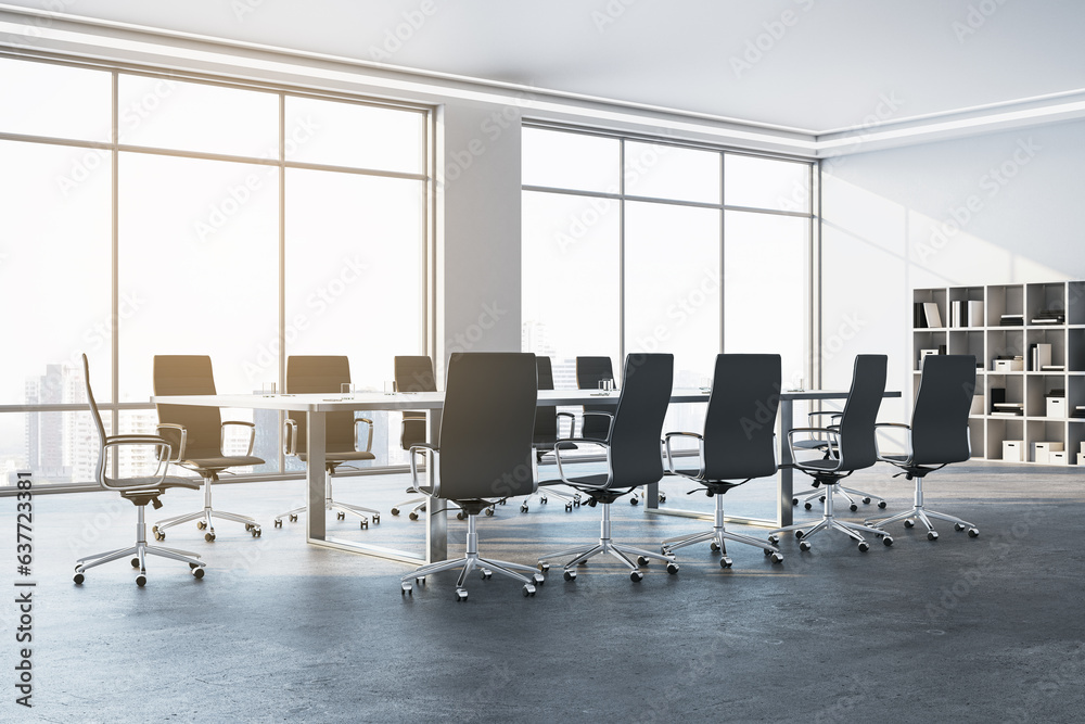 Perspective view of spacious empty conference room with office desk and ...