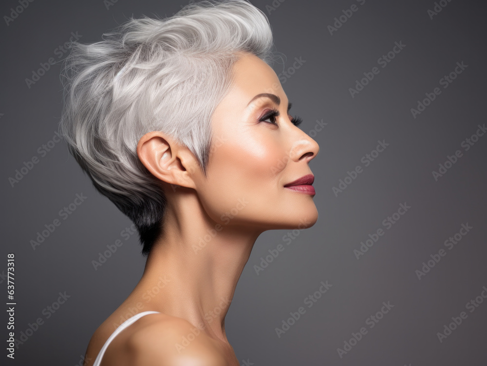 Beautiful and confident older Asian woman with grey pixie haircut. Mature haircut on fine hair ...