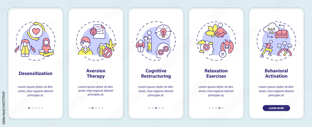 2D icons representing behavioral therapy mobile app screen set ...