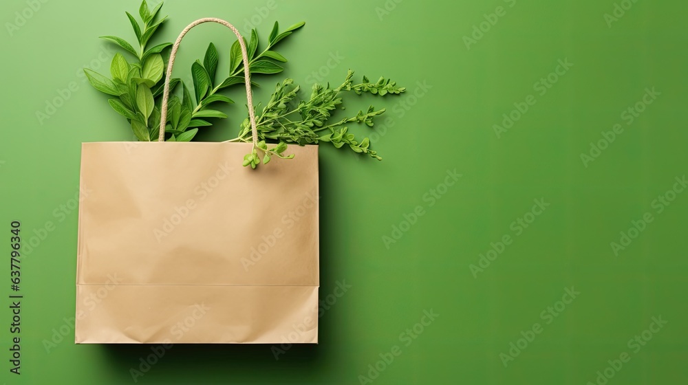 Kraft paper bag with green leaves on green background Sustainable ...