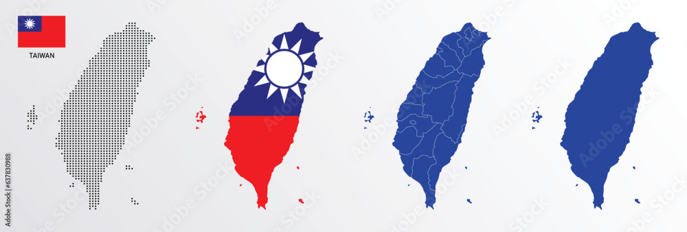 Set of political maps of Taiwan with regions isolated and flag on white ...
