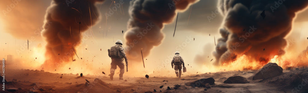 Military special forces soldiers crosses destroyed war zone through ...