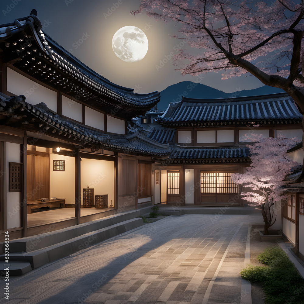 hanok landscape, portraying its elegance, harmony with nature, and the ...