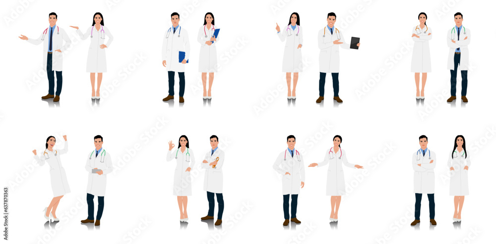 Hand-drawn male and female healthcare workers. Happy smiling doctor ...