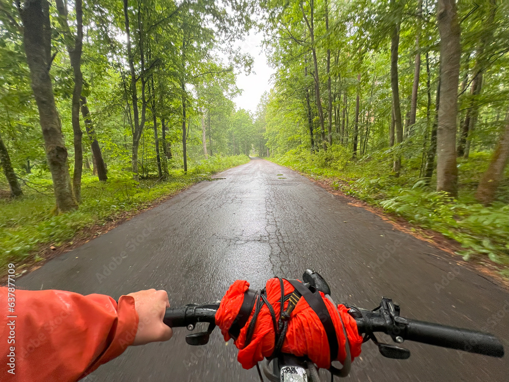 Bicycle trip to the forest. Journey on bicycle touring. Exploring the ...