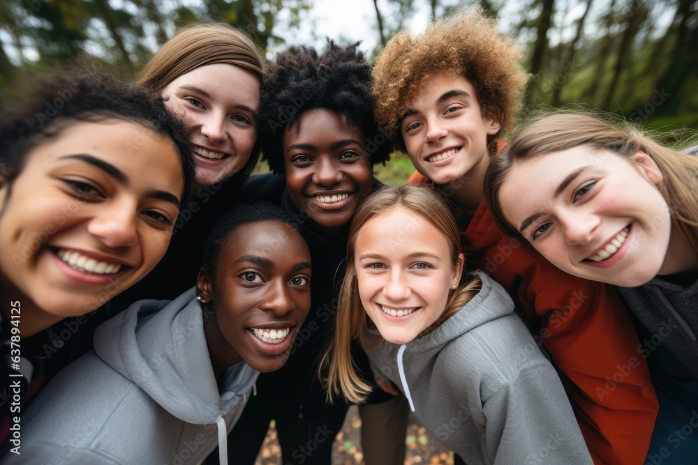 Teenagers from diverse backgrounds coming together in a huddle ...