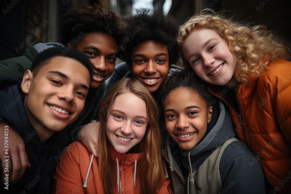 Teenagers from diverse backgrounds coming together in a huddle ...