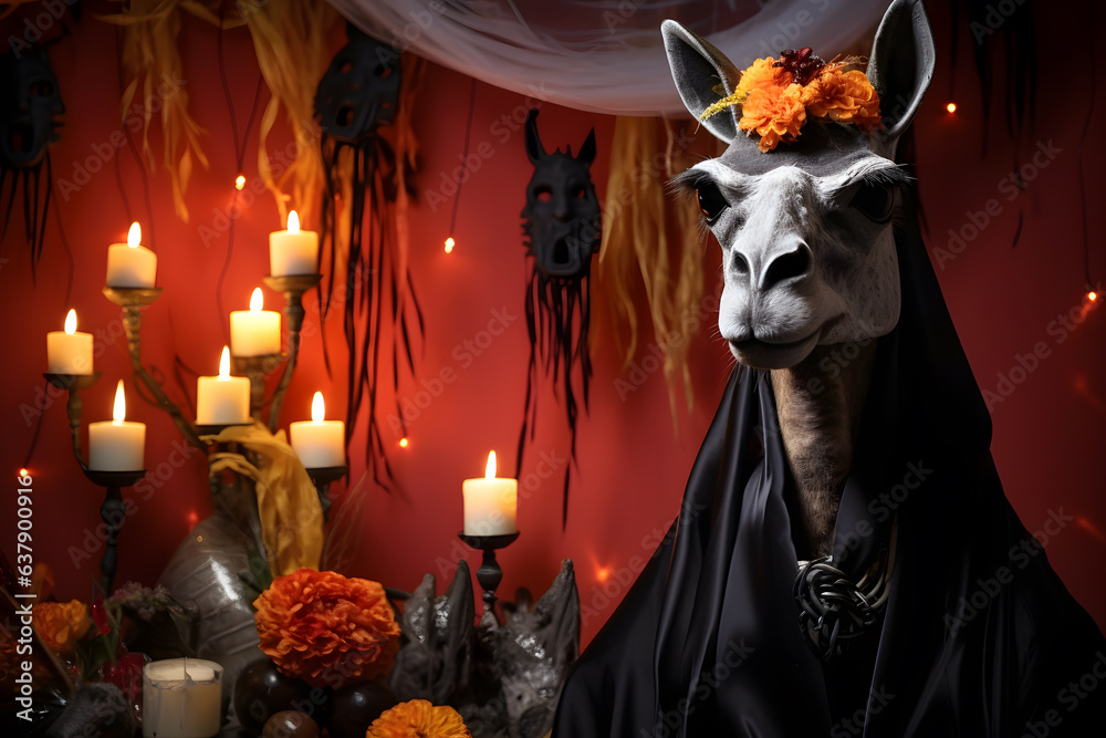 Spooky portrait of a llama in a Halloween setup in studio, dramatic ...