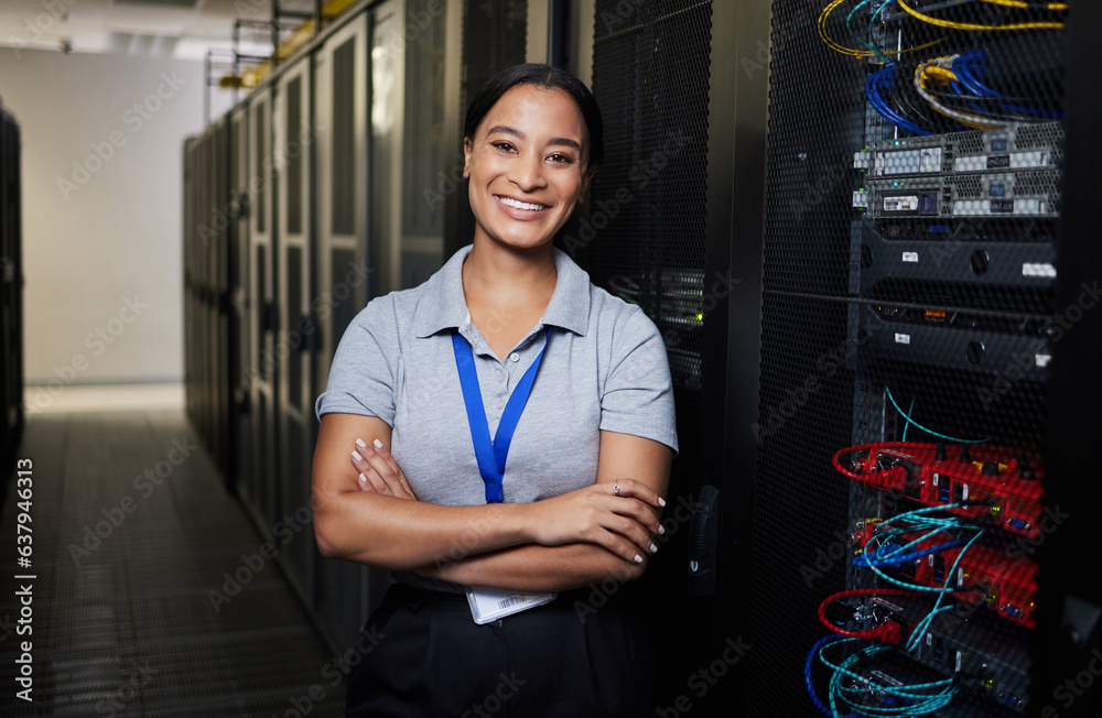 Server room, portrait or happy woman technician for online ...