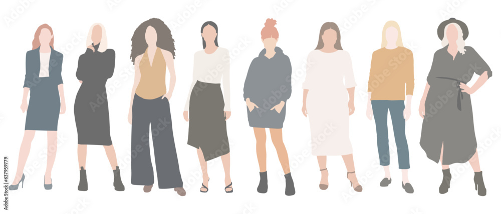 Women silhouettes vectors, lady characters in casual clothing, everyday ...