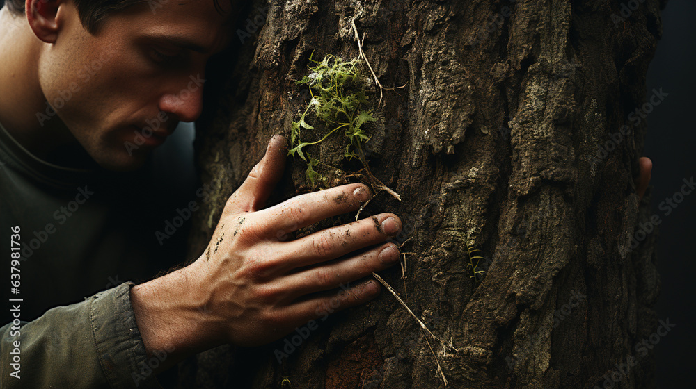 Tree Hugging: A close-up photo of a camper embracing a tall tree trunk ...