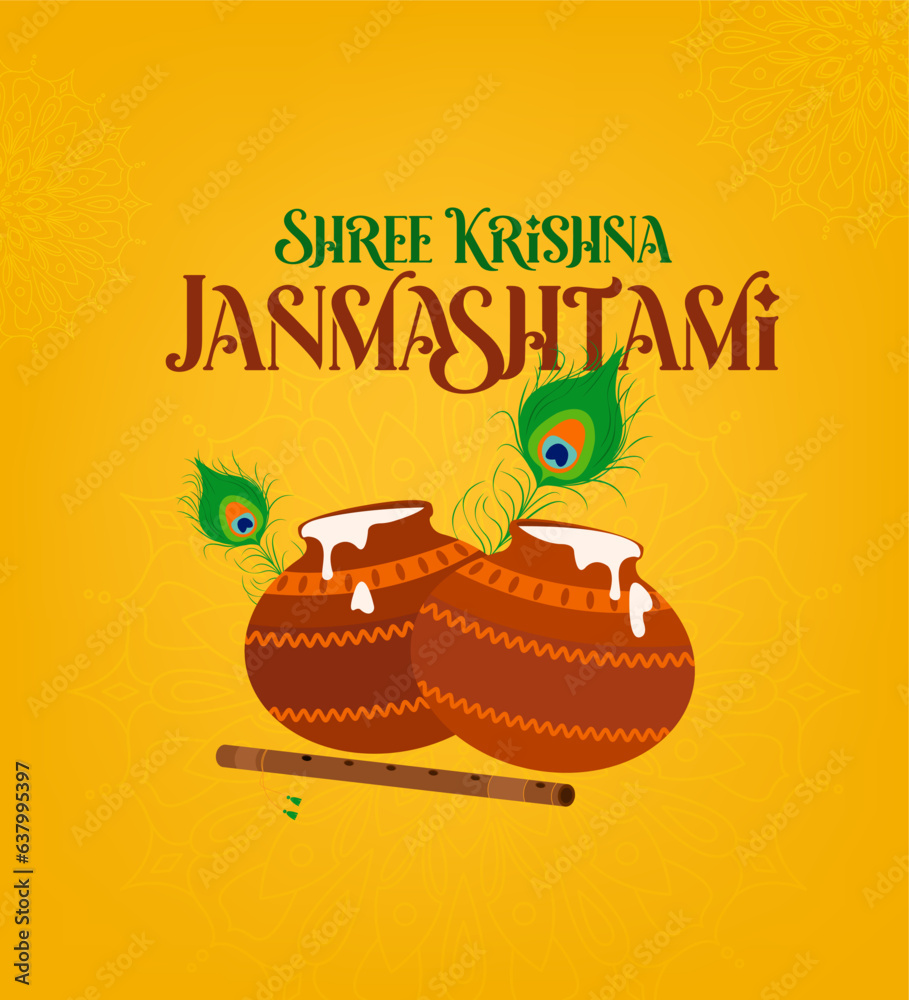 Shree Krishna Janmashtami lettering with Dahi handi, peacock feather ...