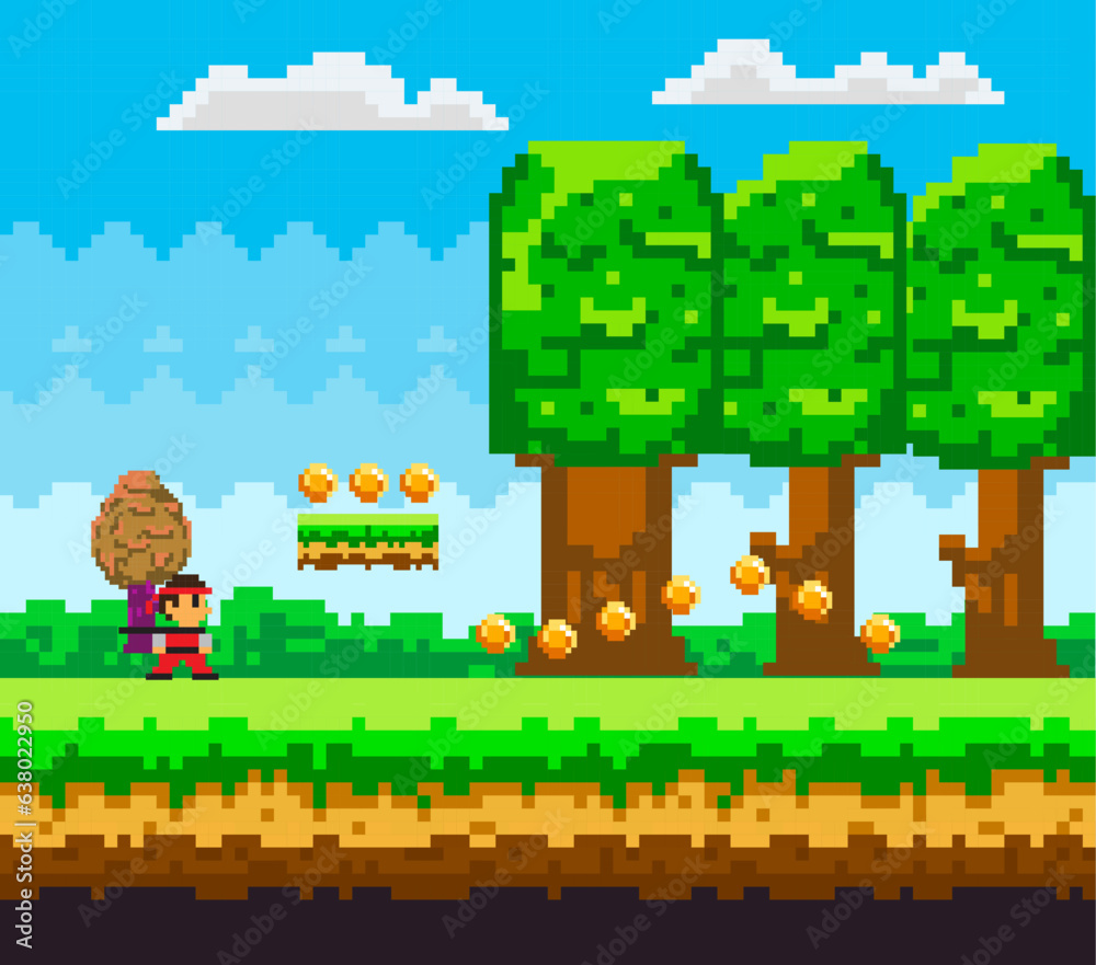 Pixel game, arcade. Retro 8 bit video game interface, computer game ...