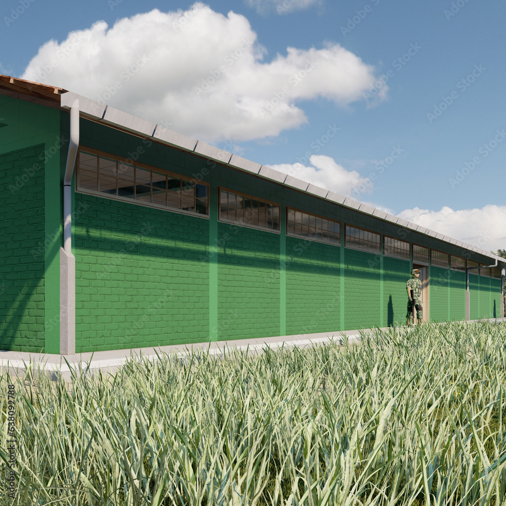 Institutional building of an army pavilion, simple brick structure ...