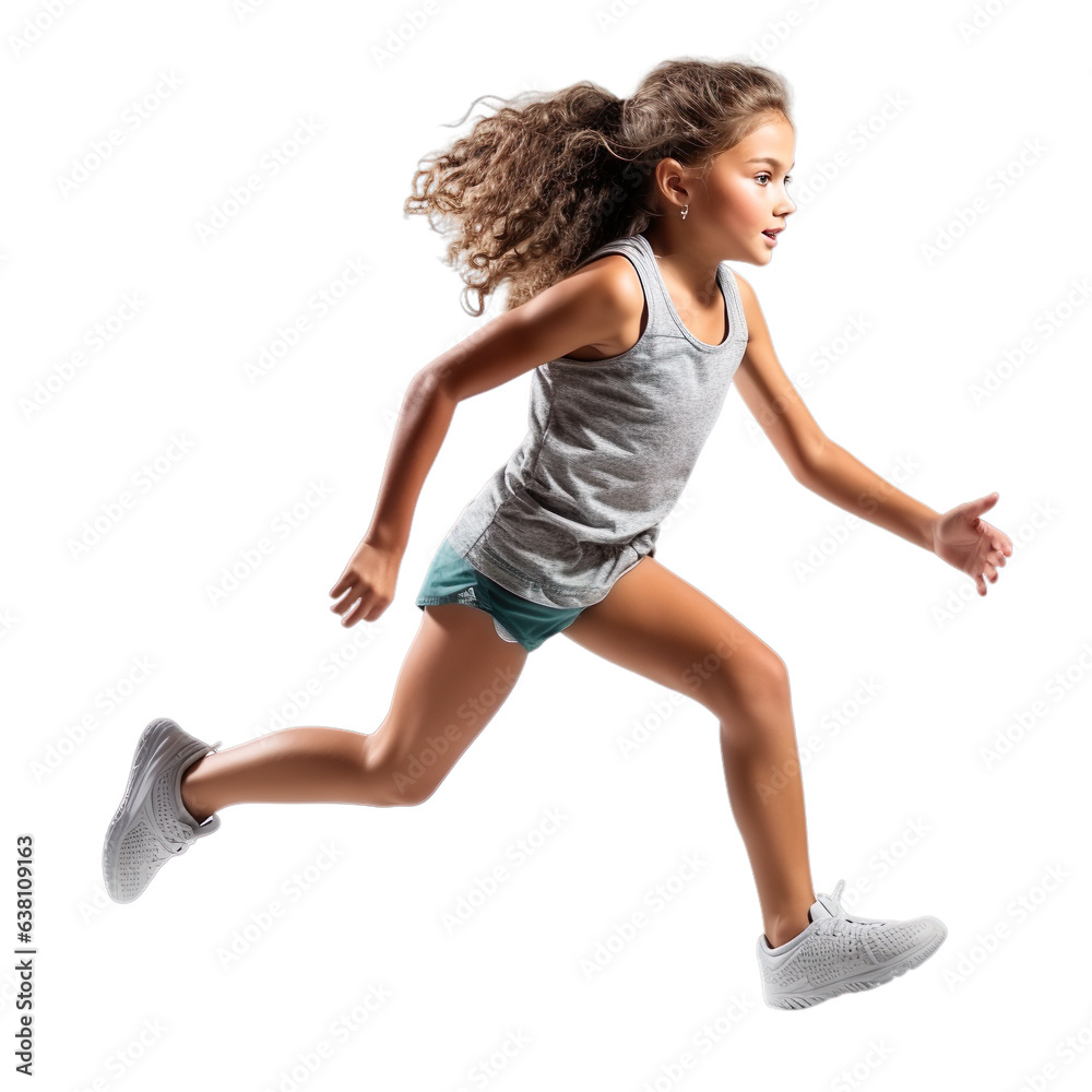 Cute girl running on track. Side view of beginner female runner on a ...