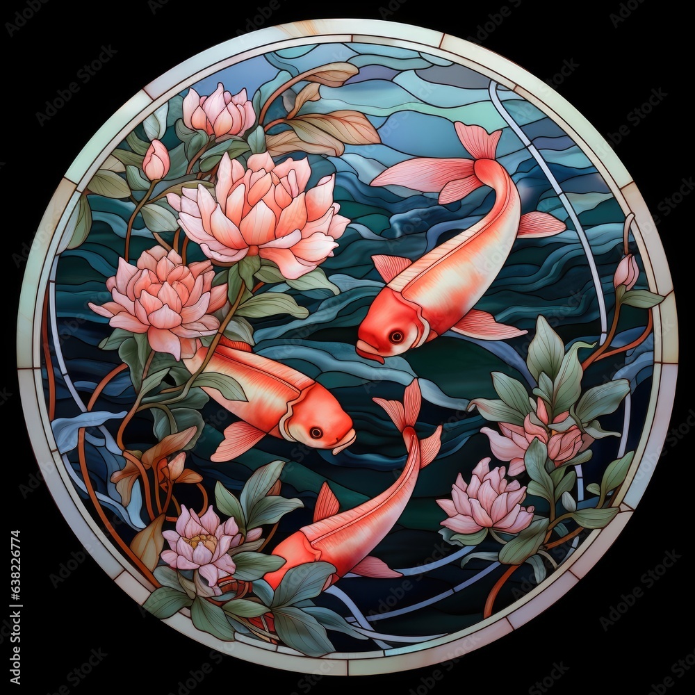 Koi fish with flowers in pond, Koi fish in pond, Stained glass koi fish ...