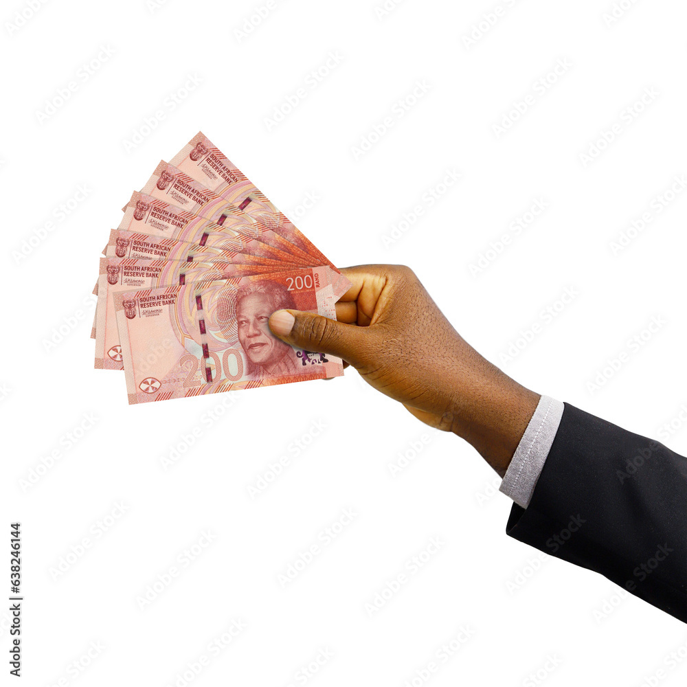 Black hand with suit holding 2023 South African Rand notes isolated on ...