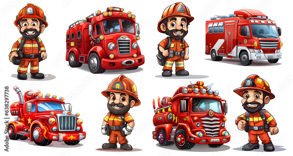 set of firefighters and Cars Clipart Sticker on transparent background ...